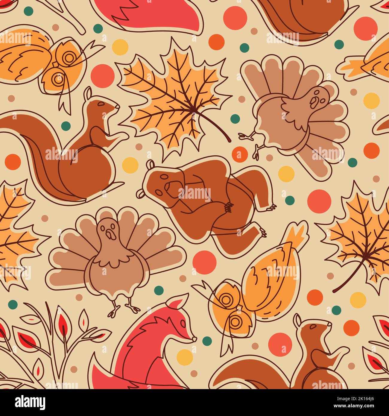 Autumn seamless pattern background with different animals stickers ...