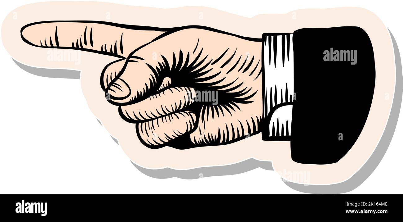 Hand drawn pointing index finger in retro sketch in sticker style ...