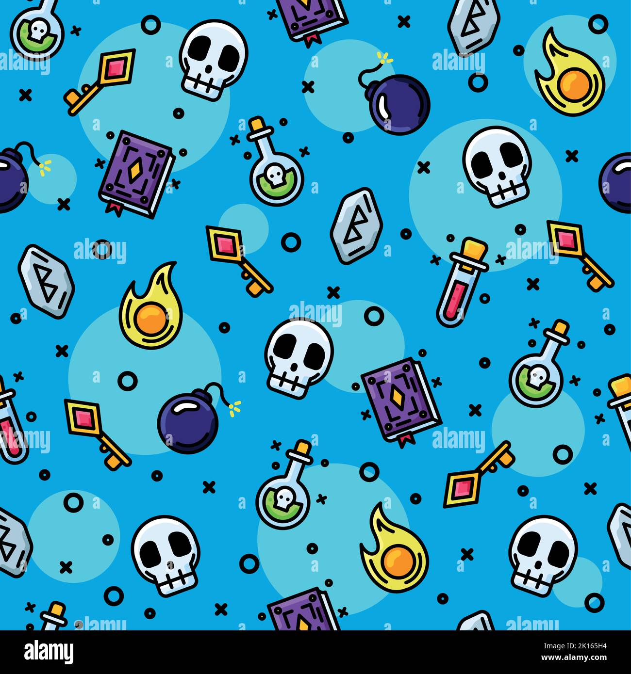 Videogame seamless pattern background with potions and skull icons ...
