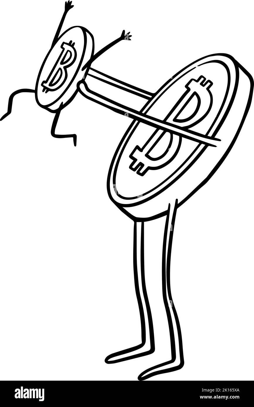 Bitcoin character figure holding small coin. Hand drawn vector ...