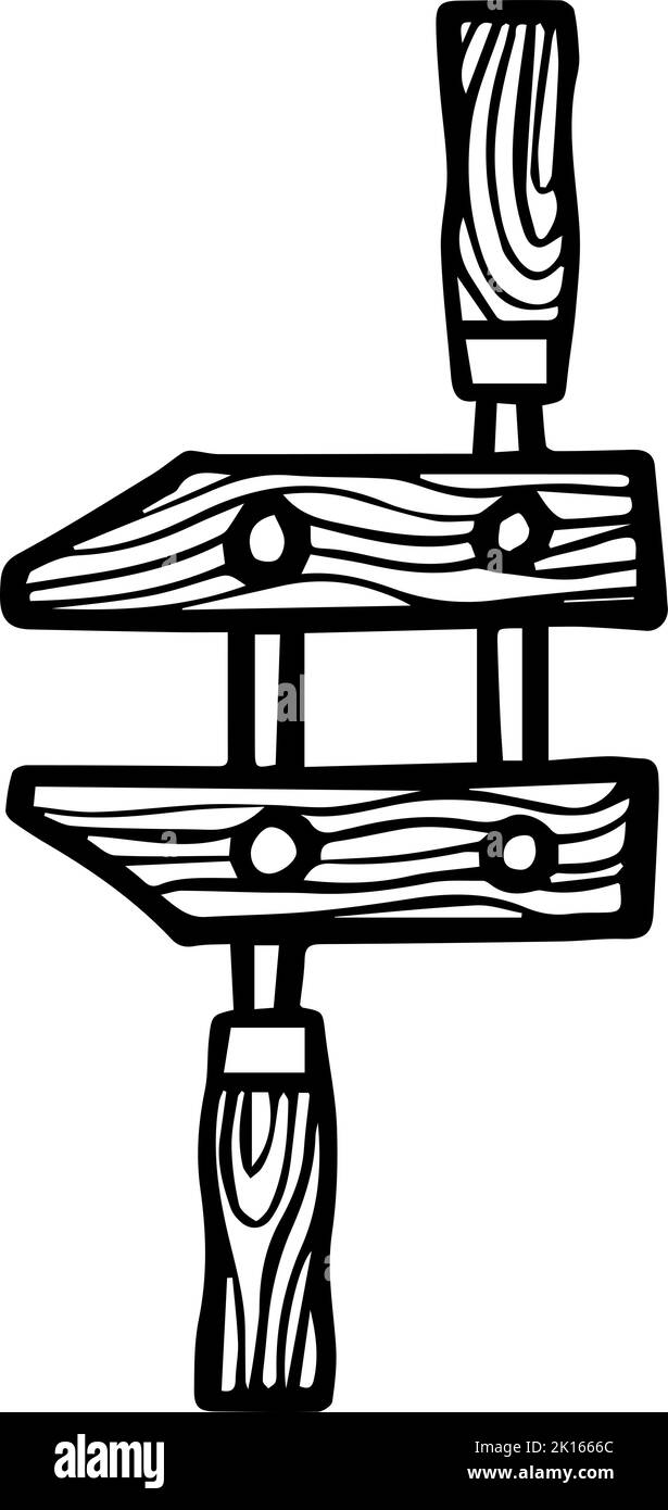 Wooden clamp icon. Woodworking tool. Hand drawn vector illustration ...