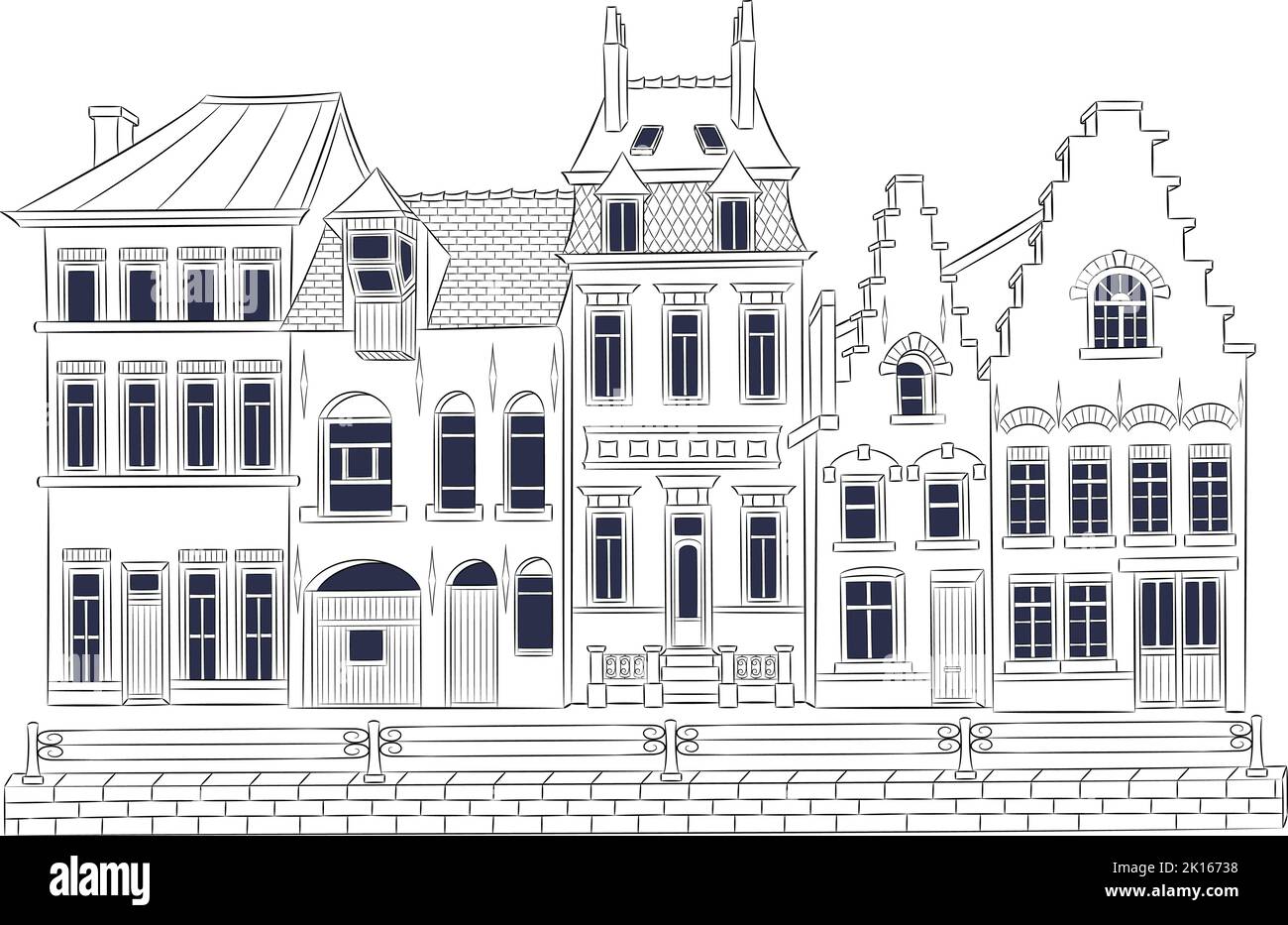 Vector illustration. Black and white drawing of the facades of old traditional Belgian houses in ...