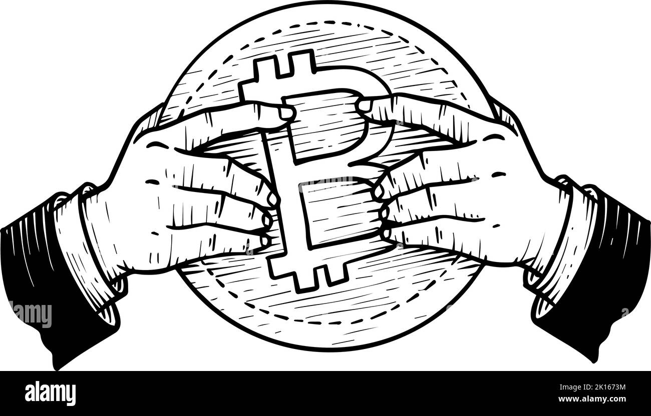 Hand holding bitcoin coin. Hand drawn vector illustration Stock Vector ...