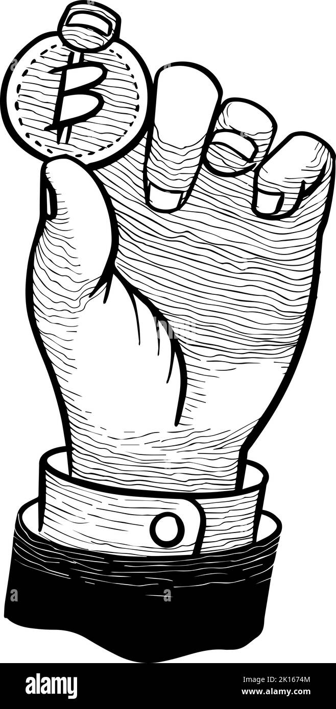 Hand holding bitcoin coin. Hand drawn vector illustration Stock Vector ...