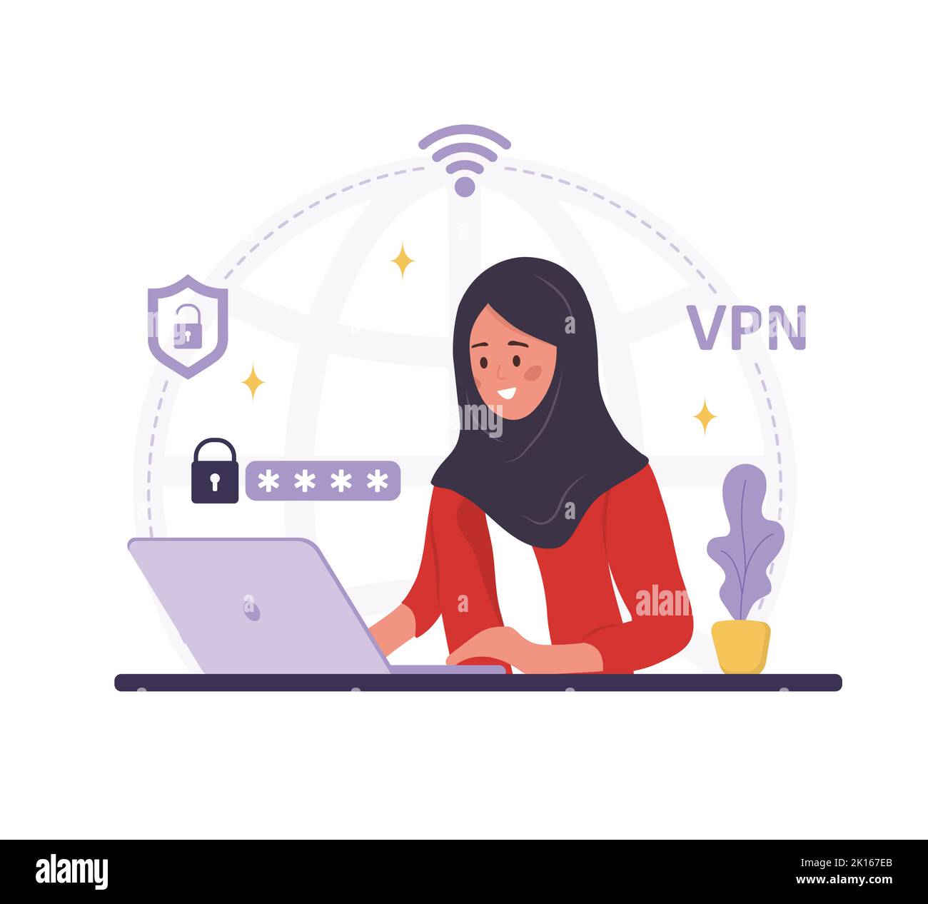 VPN Technology concept. Woman using app for protect personal data. Cyber security. Virtual ...