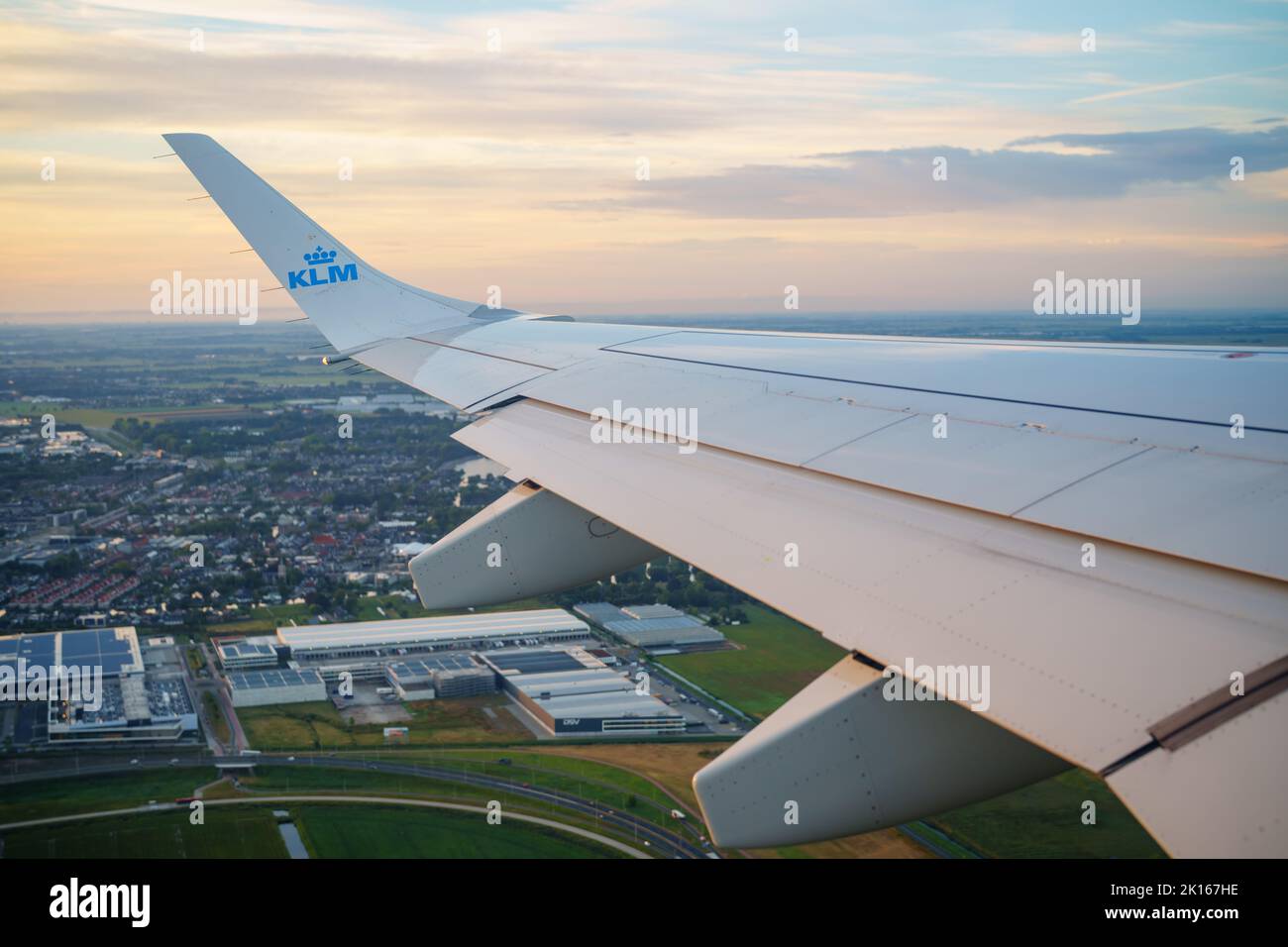 KLM Airplane in flight after departure View Amsterdam Airport Schiphol ...