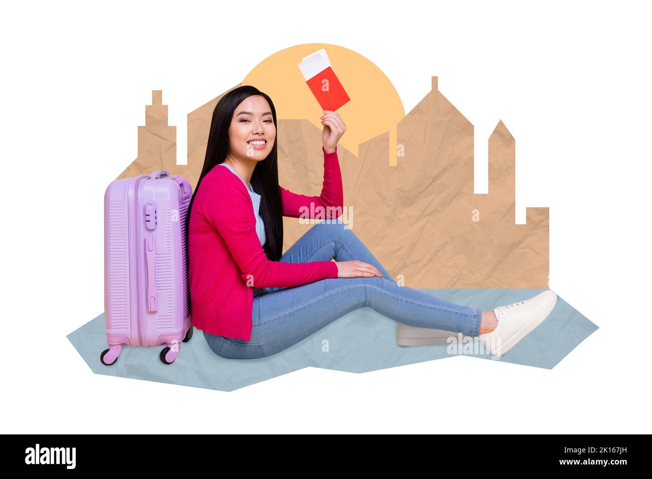 Composite collage image of cheerful japanese young girl traveling ...