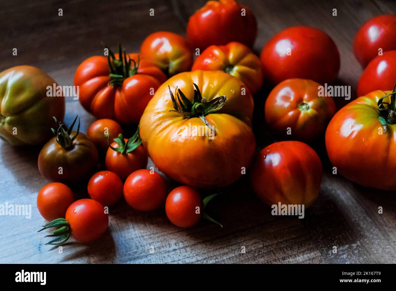 Irregular organic tomatoes of different sizes and textures, but very ...