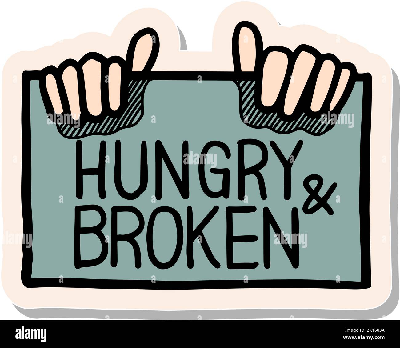 Hand drawn hand holding sign icon hungry and broken in sticker style ...