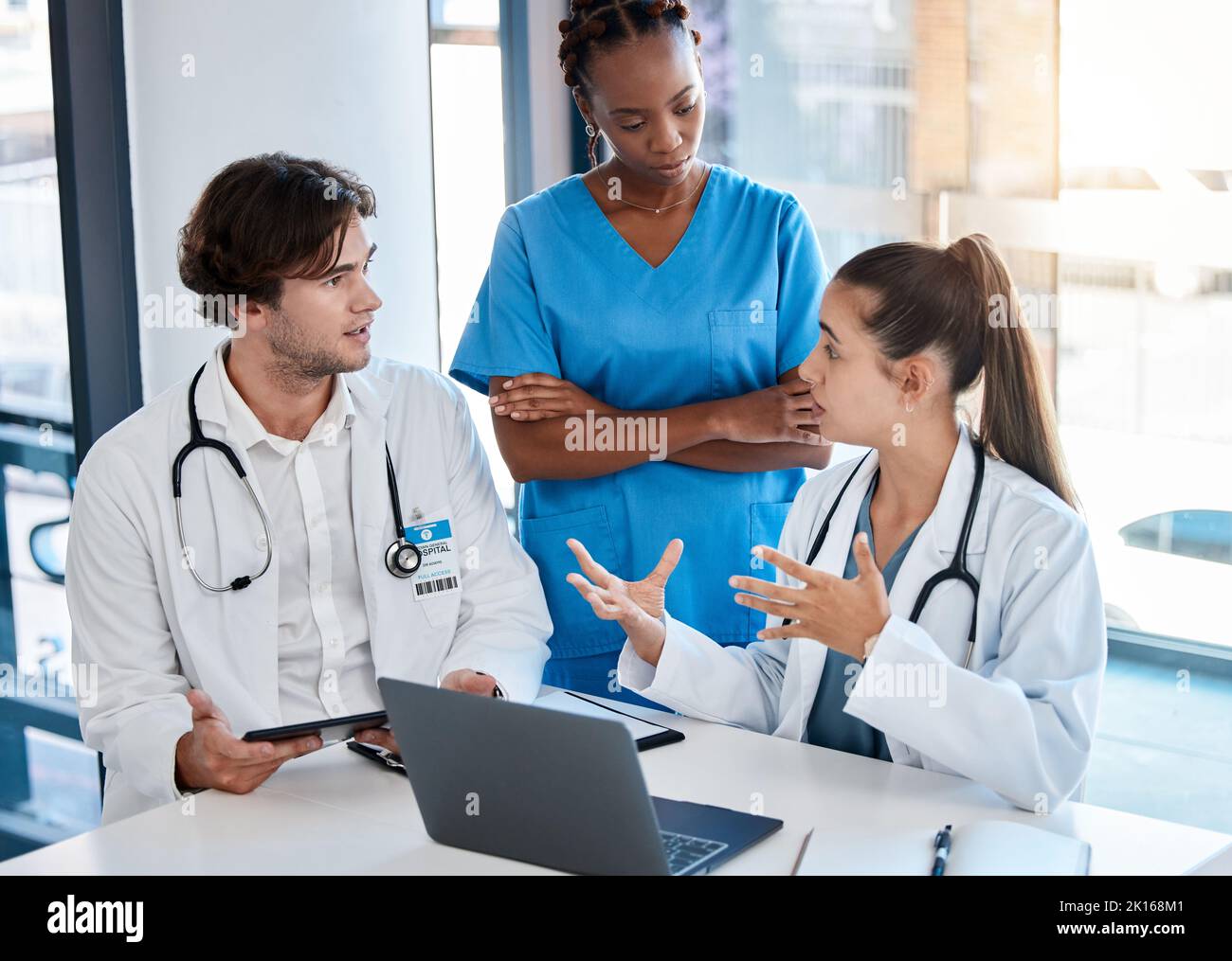 Medical teamwork, hospital meeting and healthcare collaboration with doctor, nurse and surgeon ...