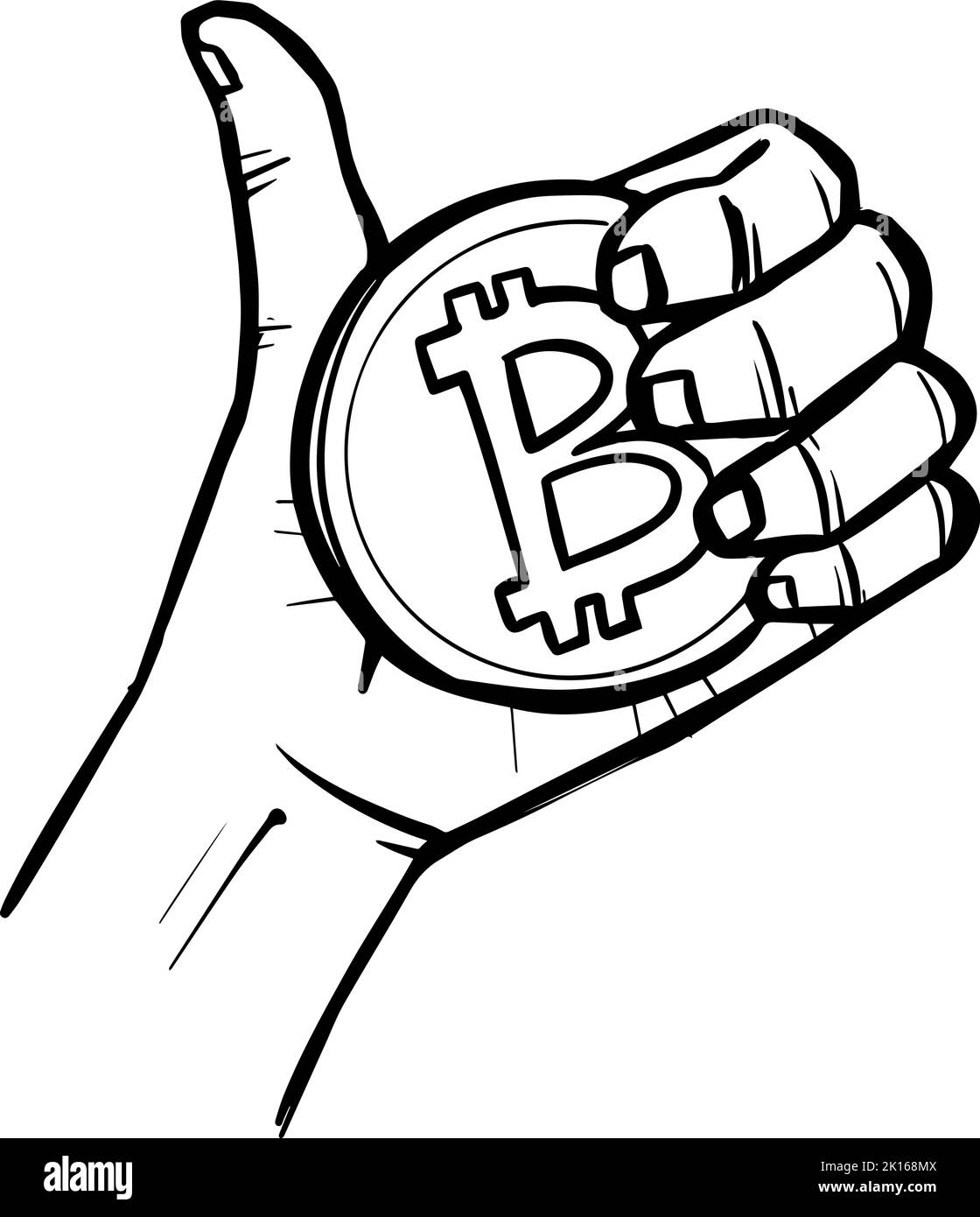 Hand holding bitcoin coin and gesturing thumb up. Hand drawn vector ...