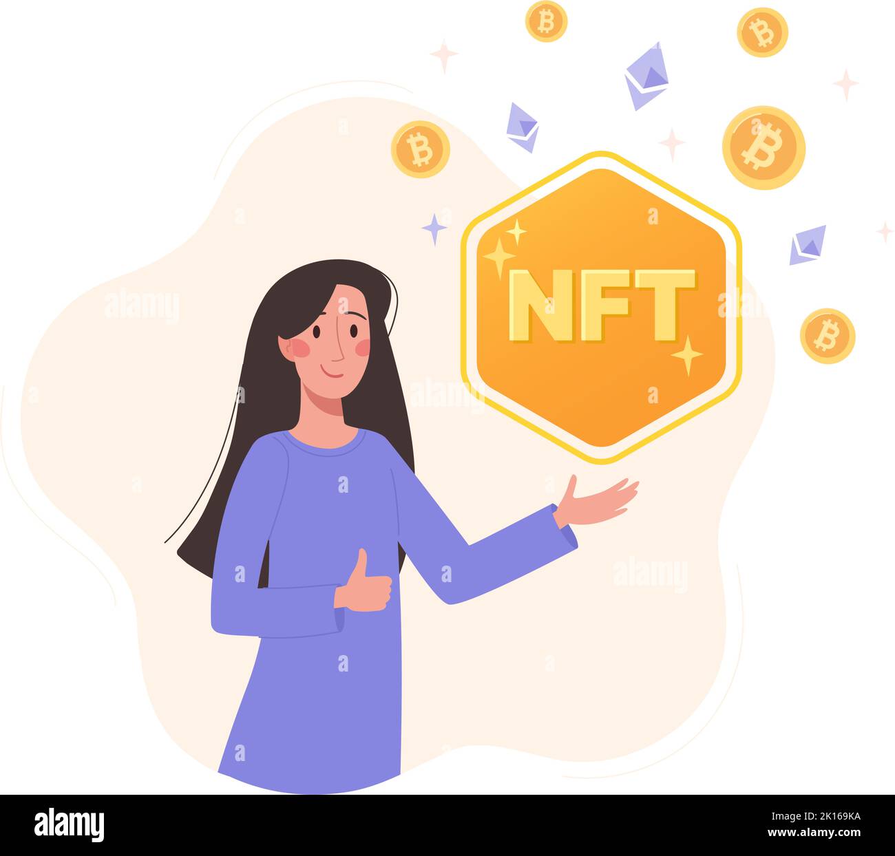 Nft concept..The girl represents nft and shows a thumbs up. Modern ...
