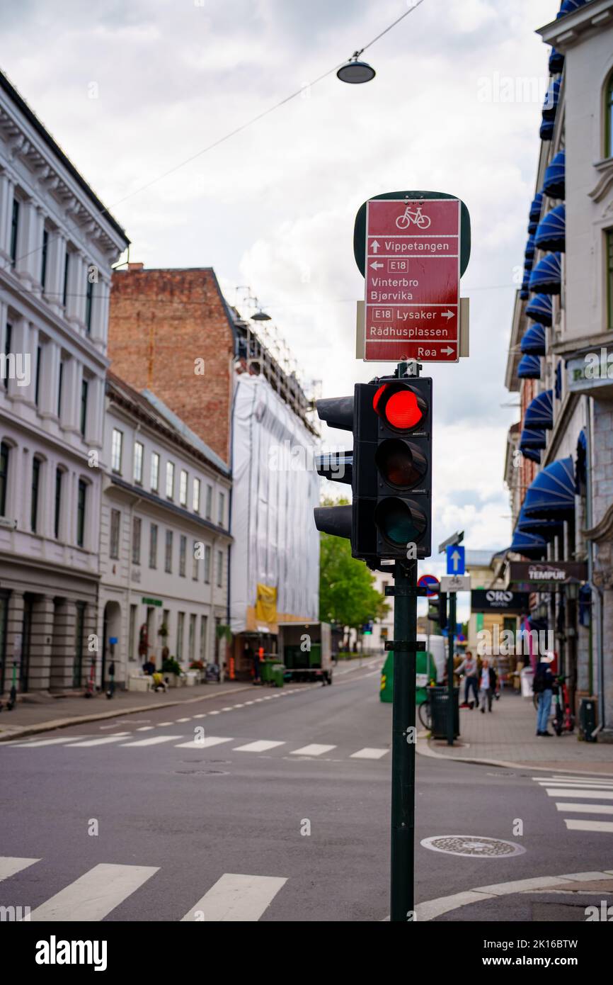 Red light and street sign in Oslo Norway Stock Photo - Alamy