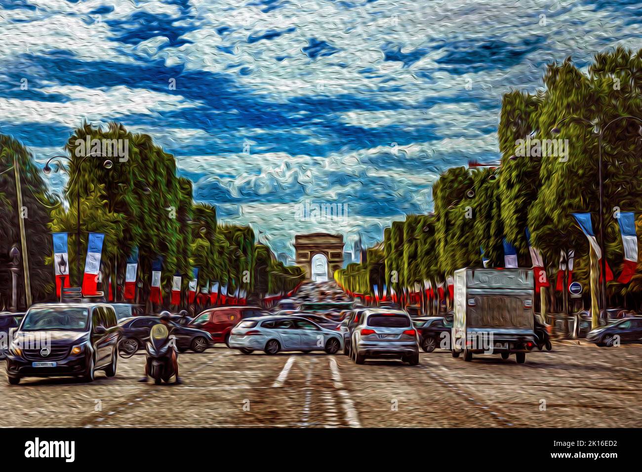 Trees and cars on the Champs-Elysees Avenue in Paris. The charming ...
