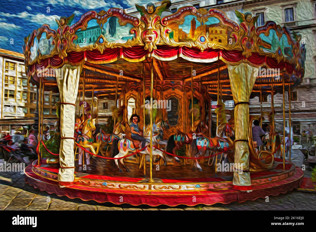 Happy child riding a horse from carousel at sunset in the city of ...