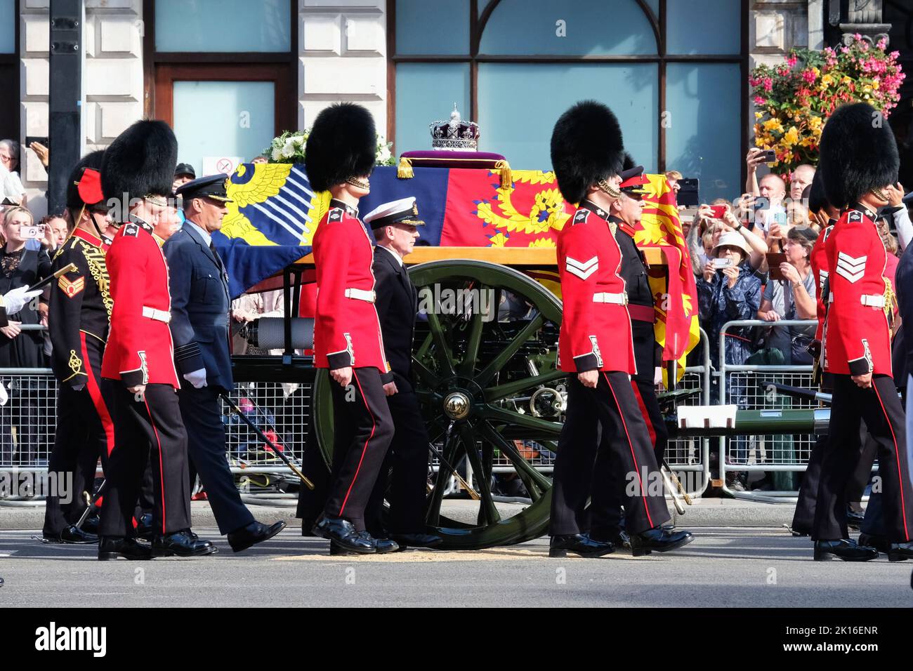 London, UK. The Queen's coffin procession reaches Whitehall. She will ...
