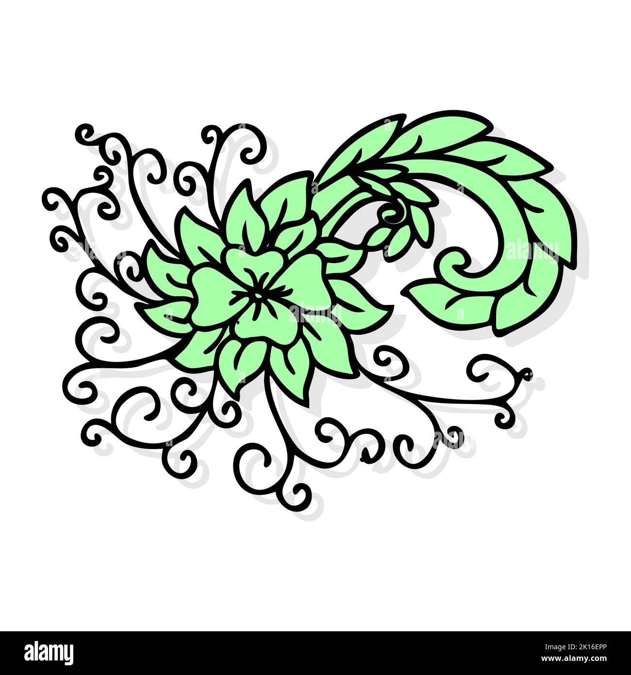 Blossom flower with leaves on branch. Black outline isolated on white ...