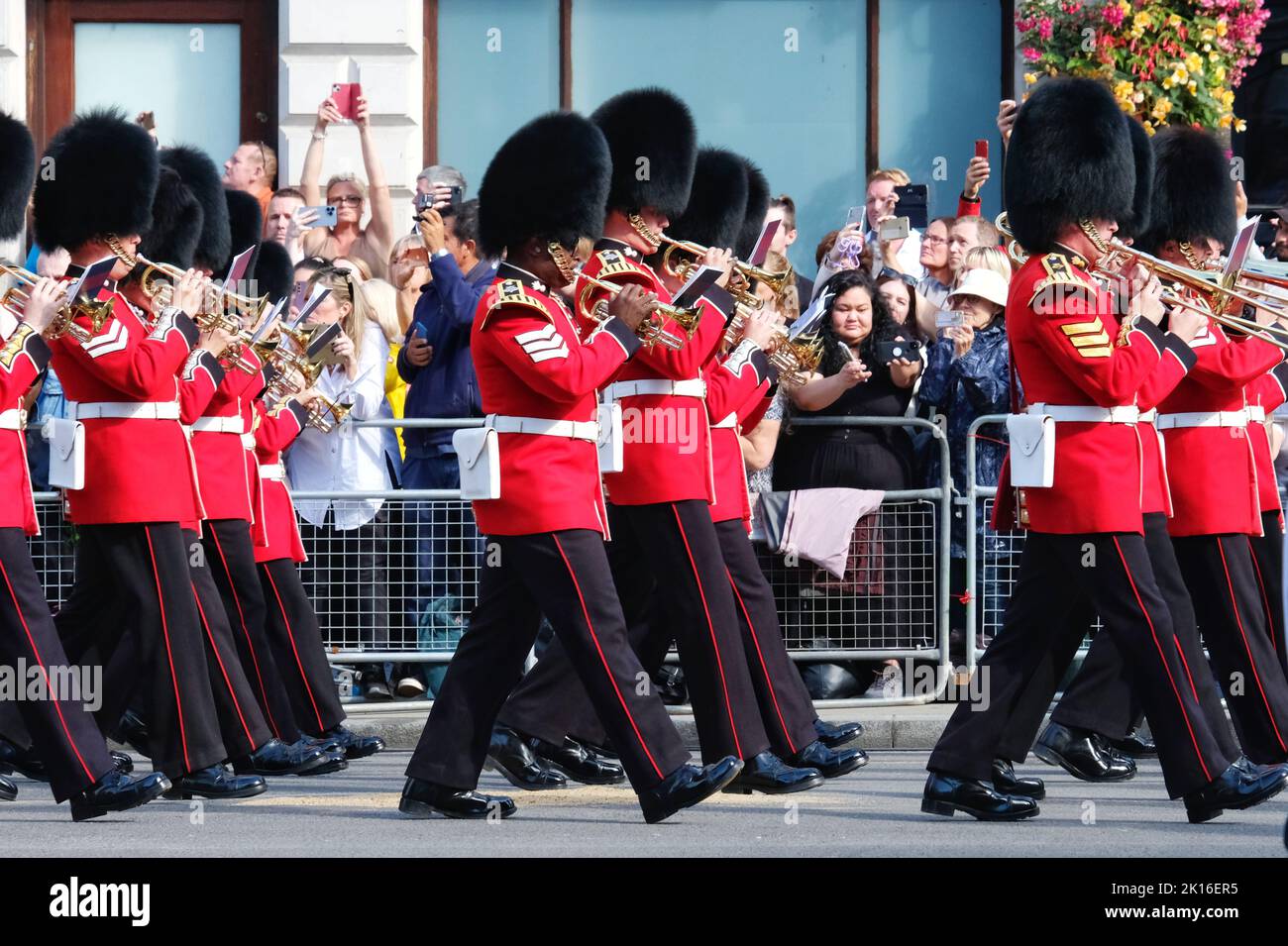 London, UK. The Queen's coffin procession reaches Whitehall led by a ...