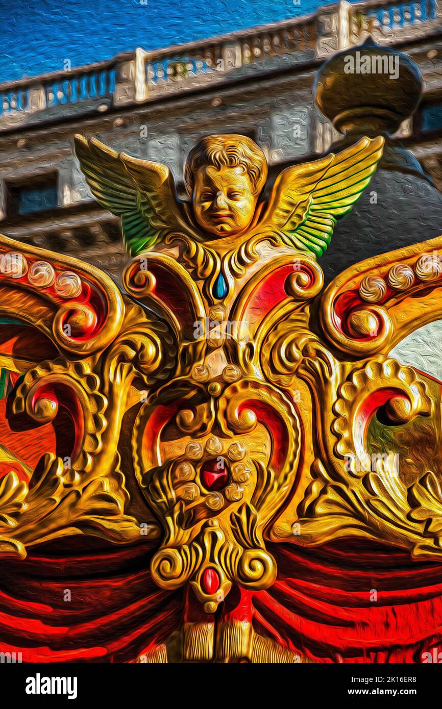 Detail of the decorative figure of an angel adorning a carousel in ...