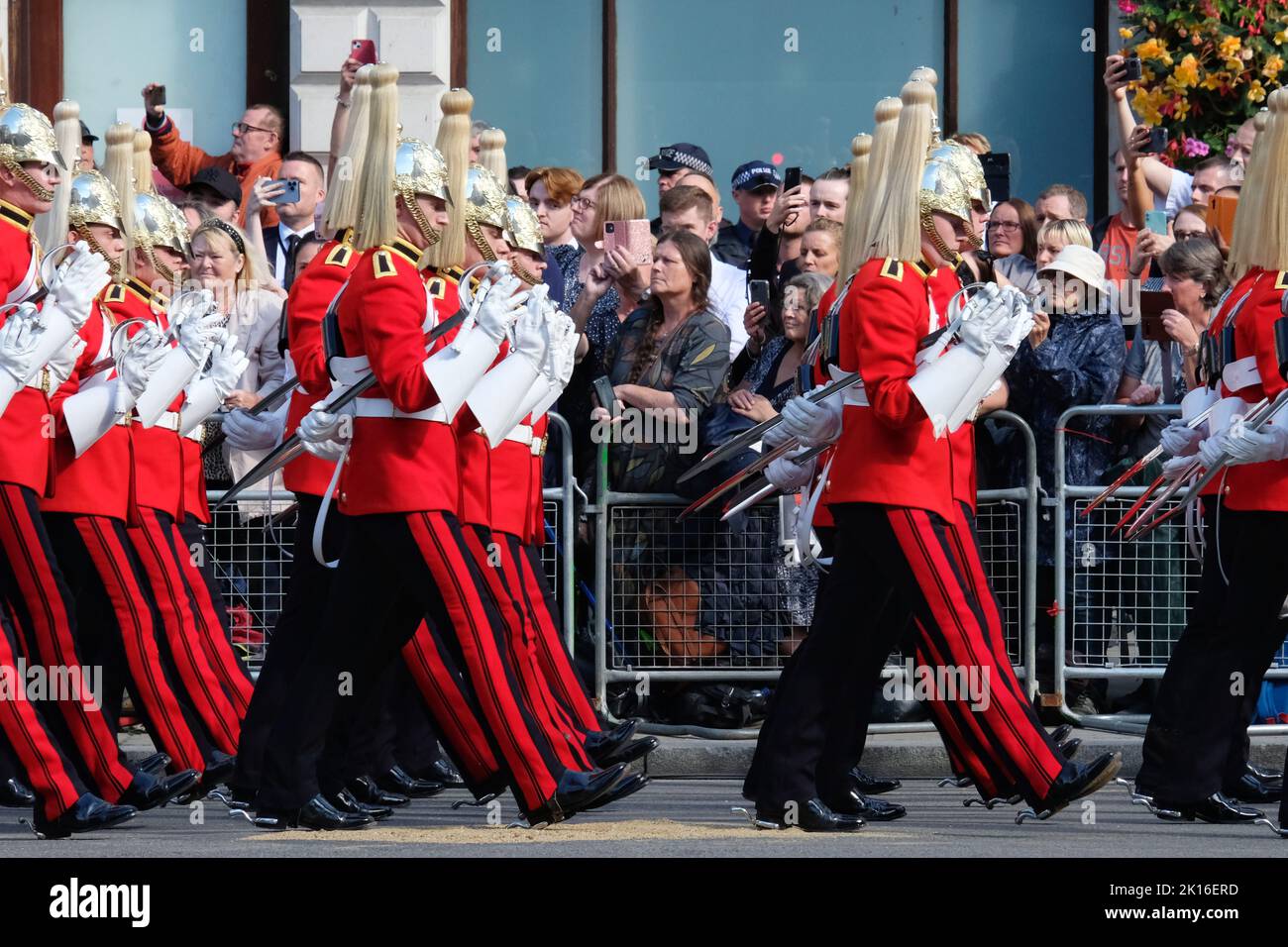 London, UK. The Queen's coffin procession reaches Whitehall led by a ...
