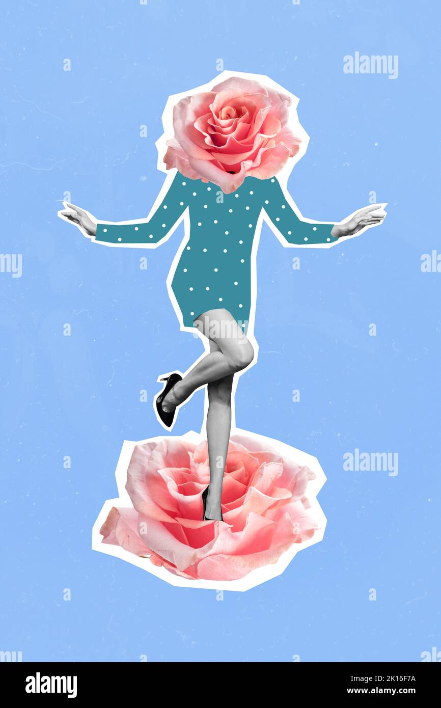 Vertical creative collage image of elegant girlish woman pink big rose ...