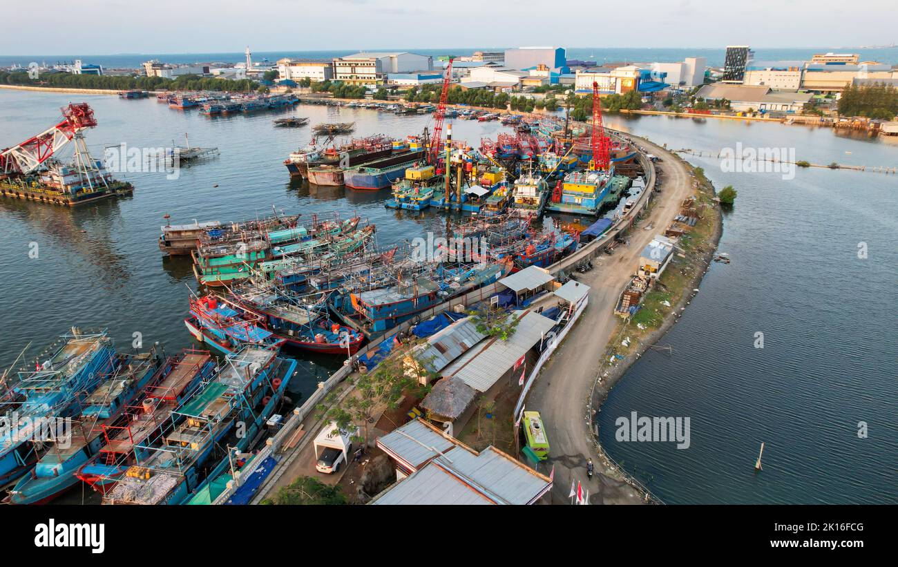 Aerial view of the Bright spring cityscape of Pluit port. Colorful ...