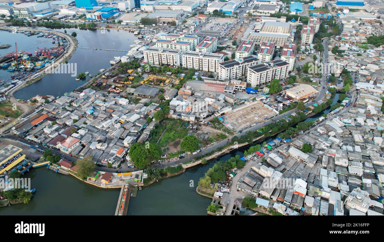 Aerial view of the Bright spring cityscape of Pluit port. Colorful ...