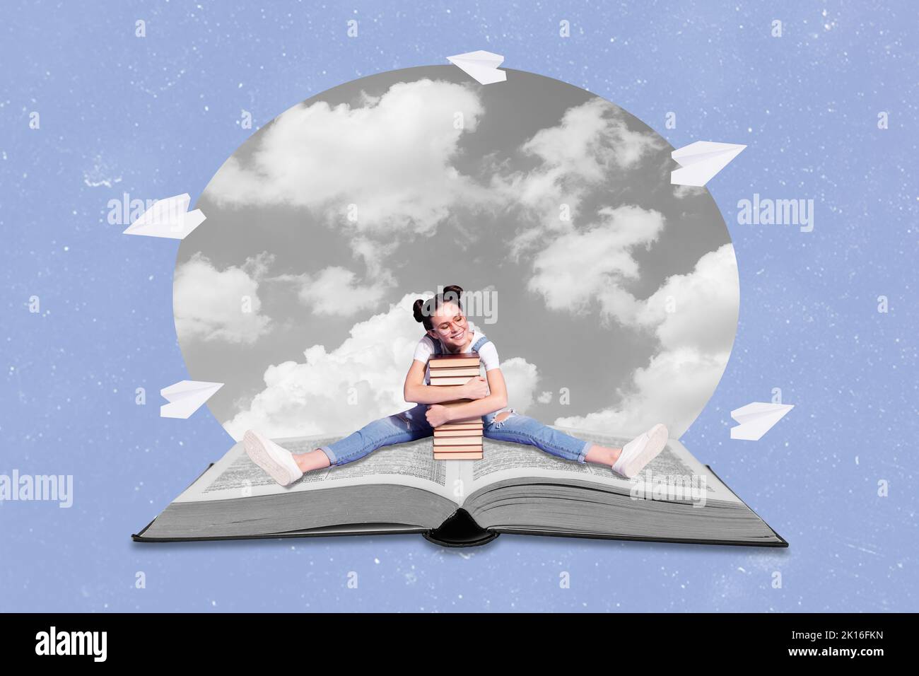 Creative 3d photo collage artwork poster of happy girl sit huge big ...