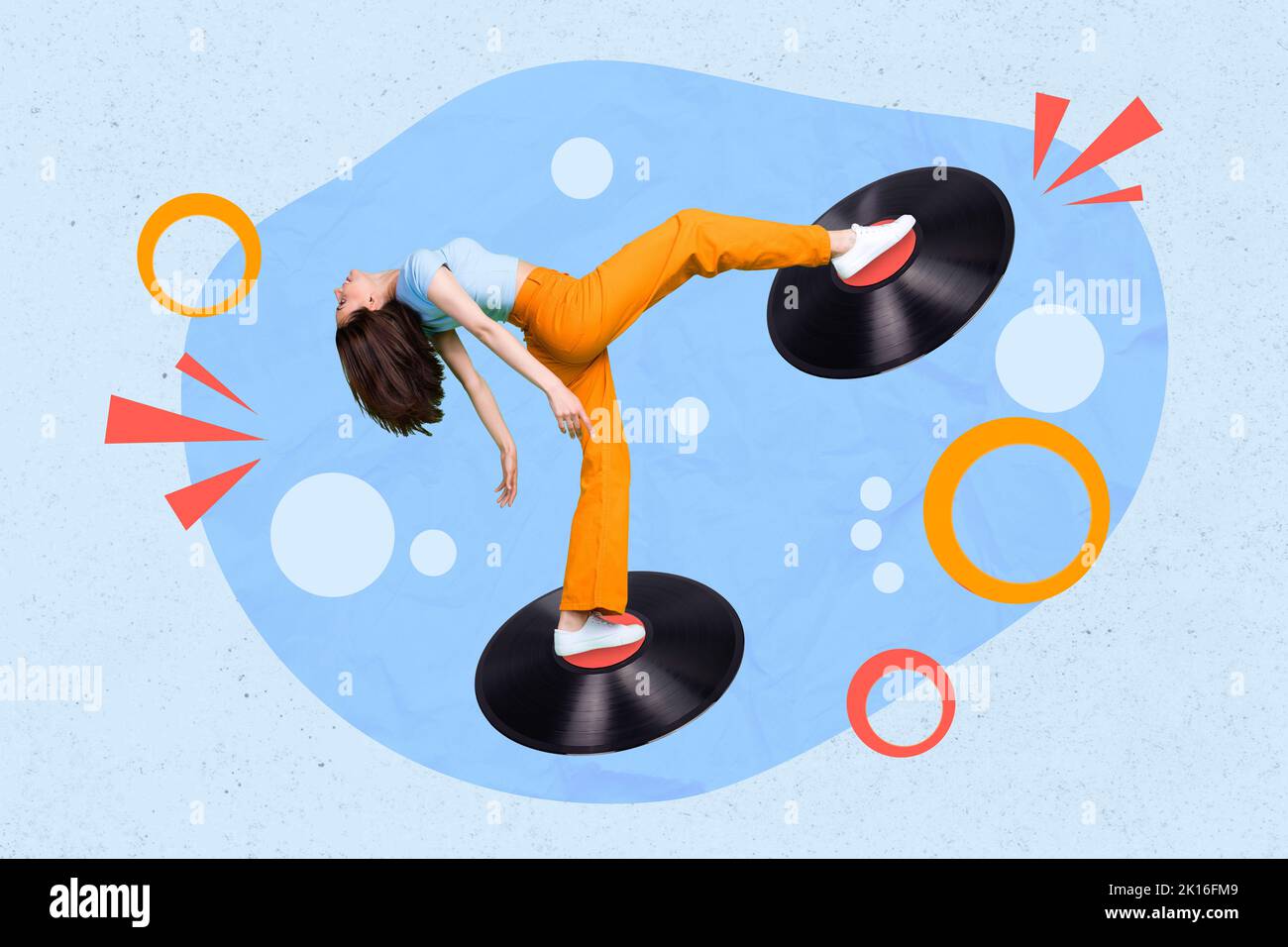 Collage 3d artwork postcard poster sketch of girl like retro stand ...