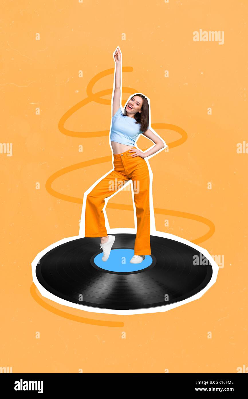Composite collage picture image of happy funky young attractive woman point up disco move vinyl ...