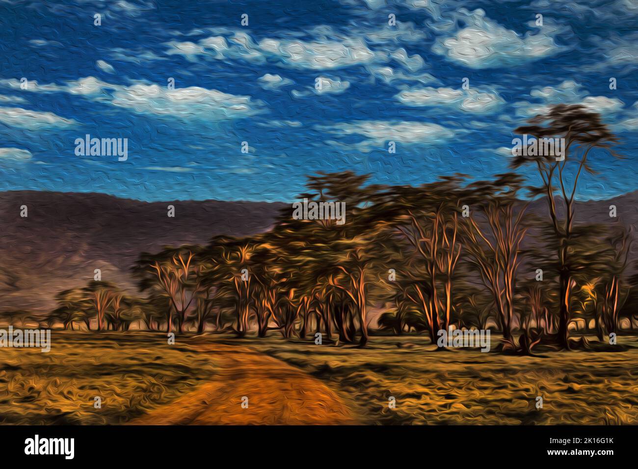 Trees and road in flat prairie at the Ngorongoro conservation area. A ...