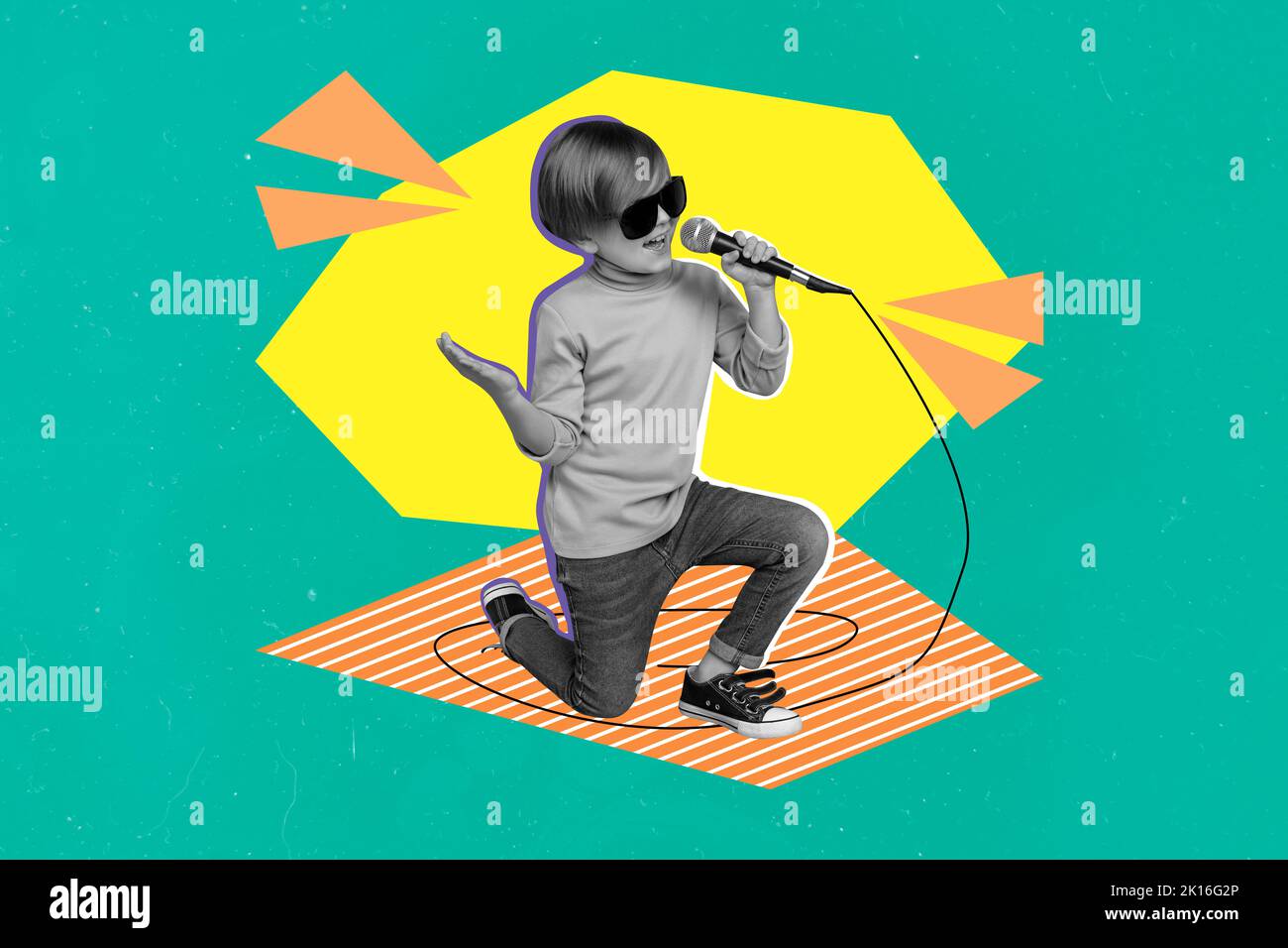 Creative poster collage of cute small little boy son singing song hold ...