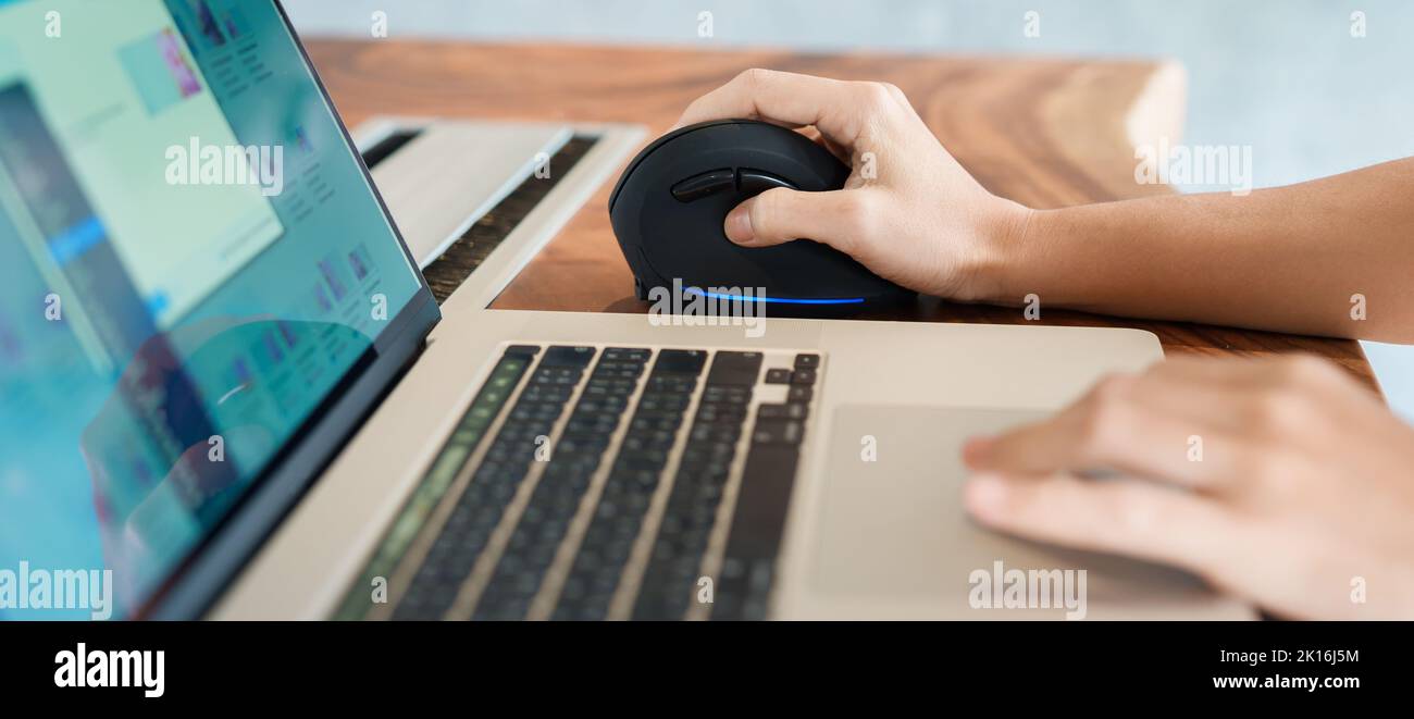 woman hand using computer ergonomic mouse, prevention wrist pain ...