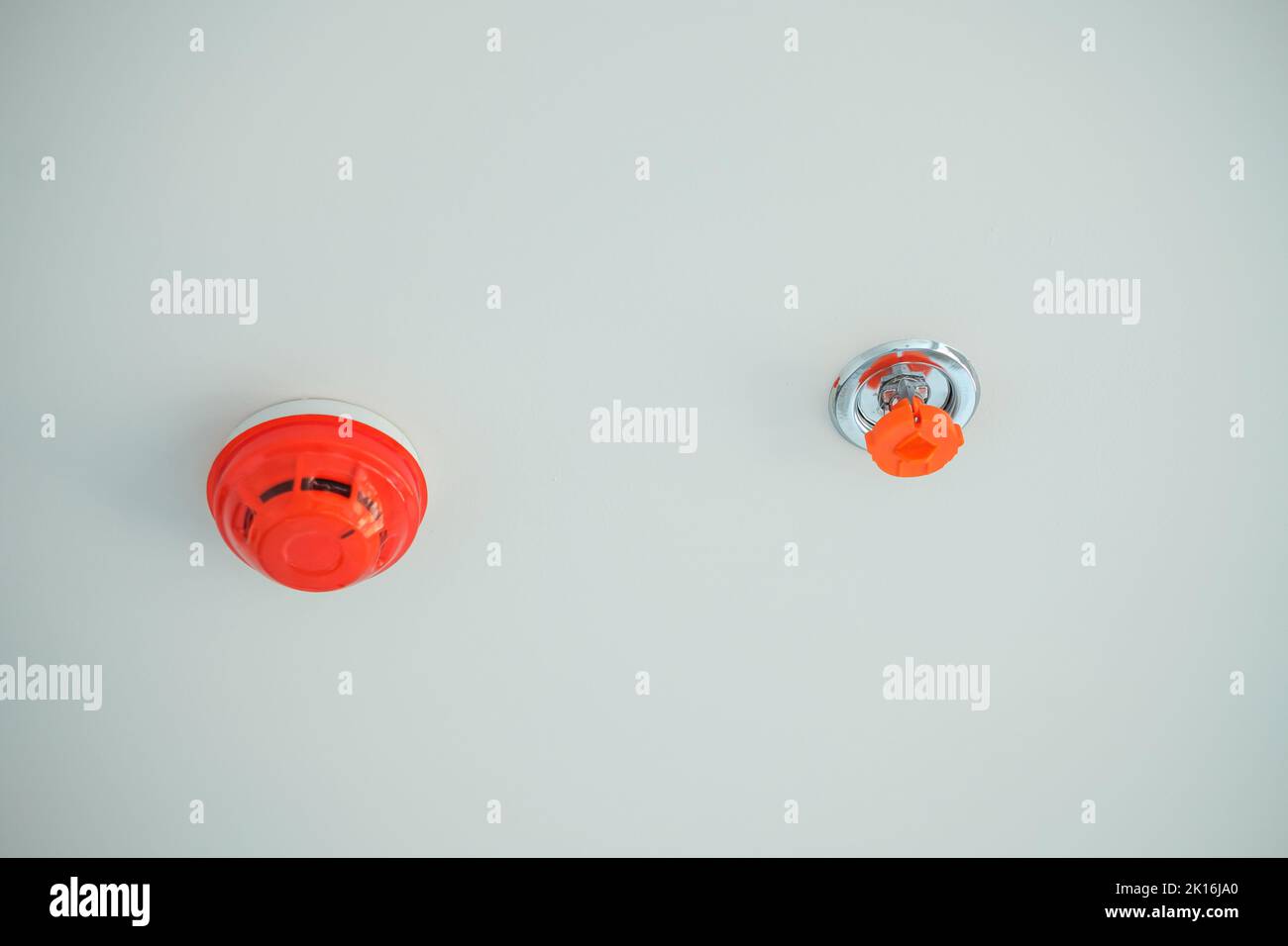 New Fire Sprinkler and Smoke sensor detector mounted on roof in home or ...