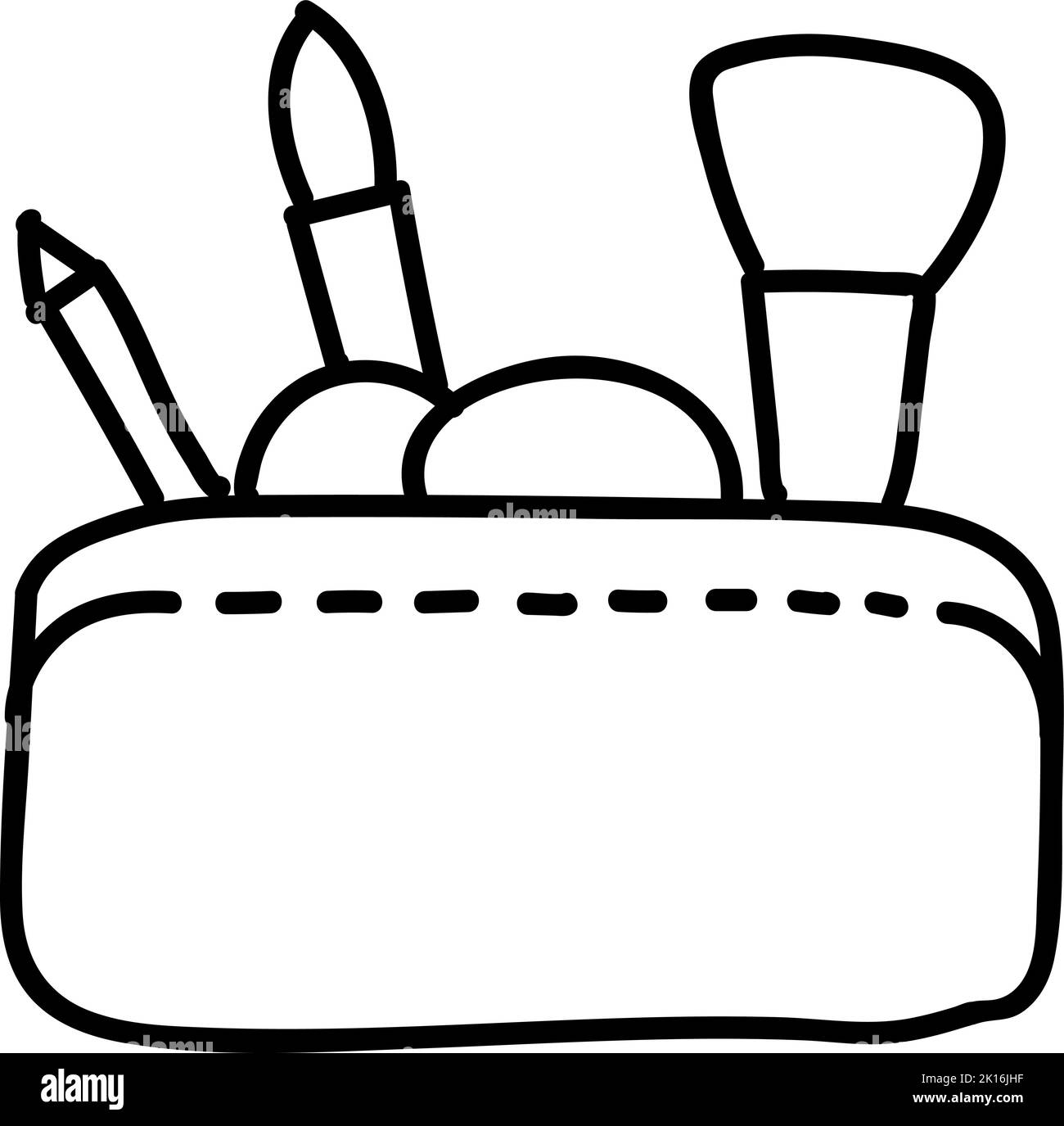 Travel make up kit bag. Hand drawn vector illustration. Editable line ...