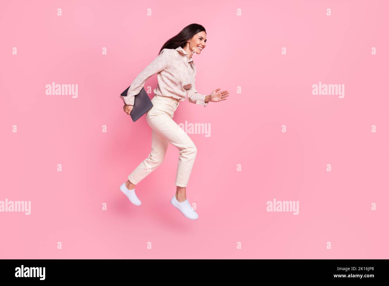 Full body photo of cheerful agent lady jump hurry for eshop discounts ...