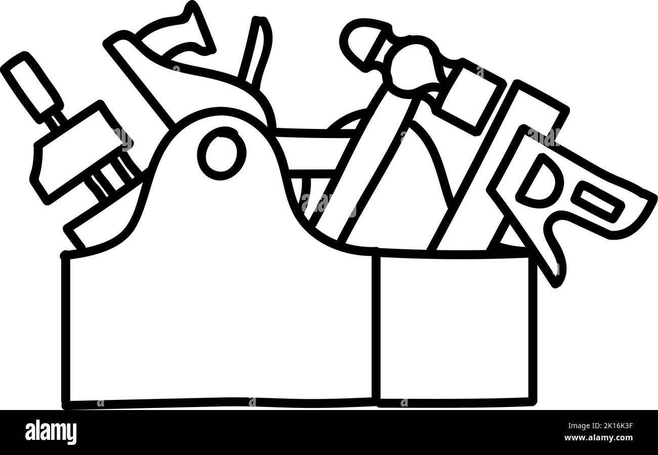 Tools in wooden toolbox icon. Hand drawn vector illustration. Editable line stroke Stock Vector ...