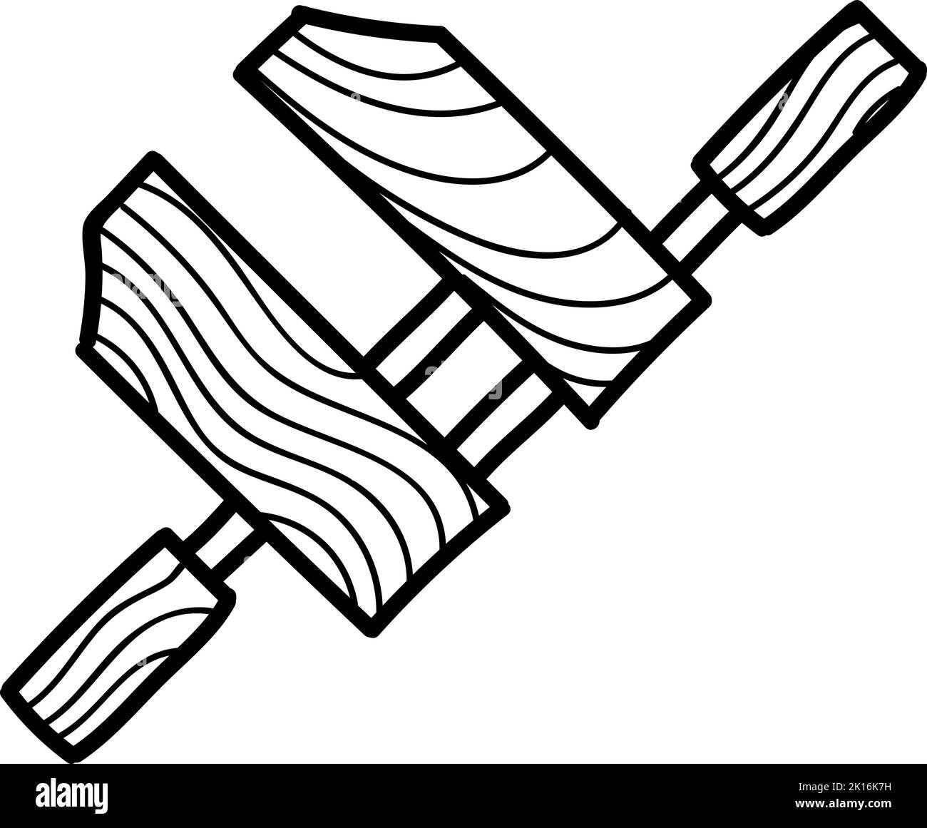 Wooden wood clamp icon. Hand drawn vector illustration. Editable line ...