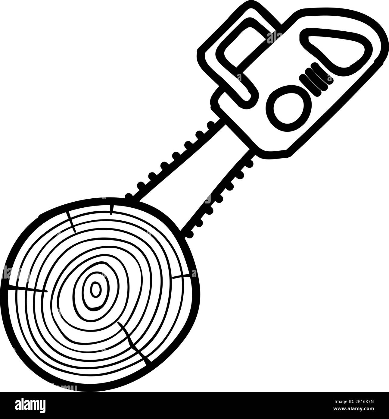 Chain saw cutting wood log. Hand drawn vector illustration. Editable ...