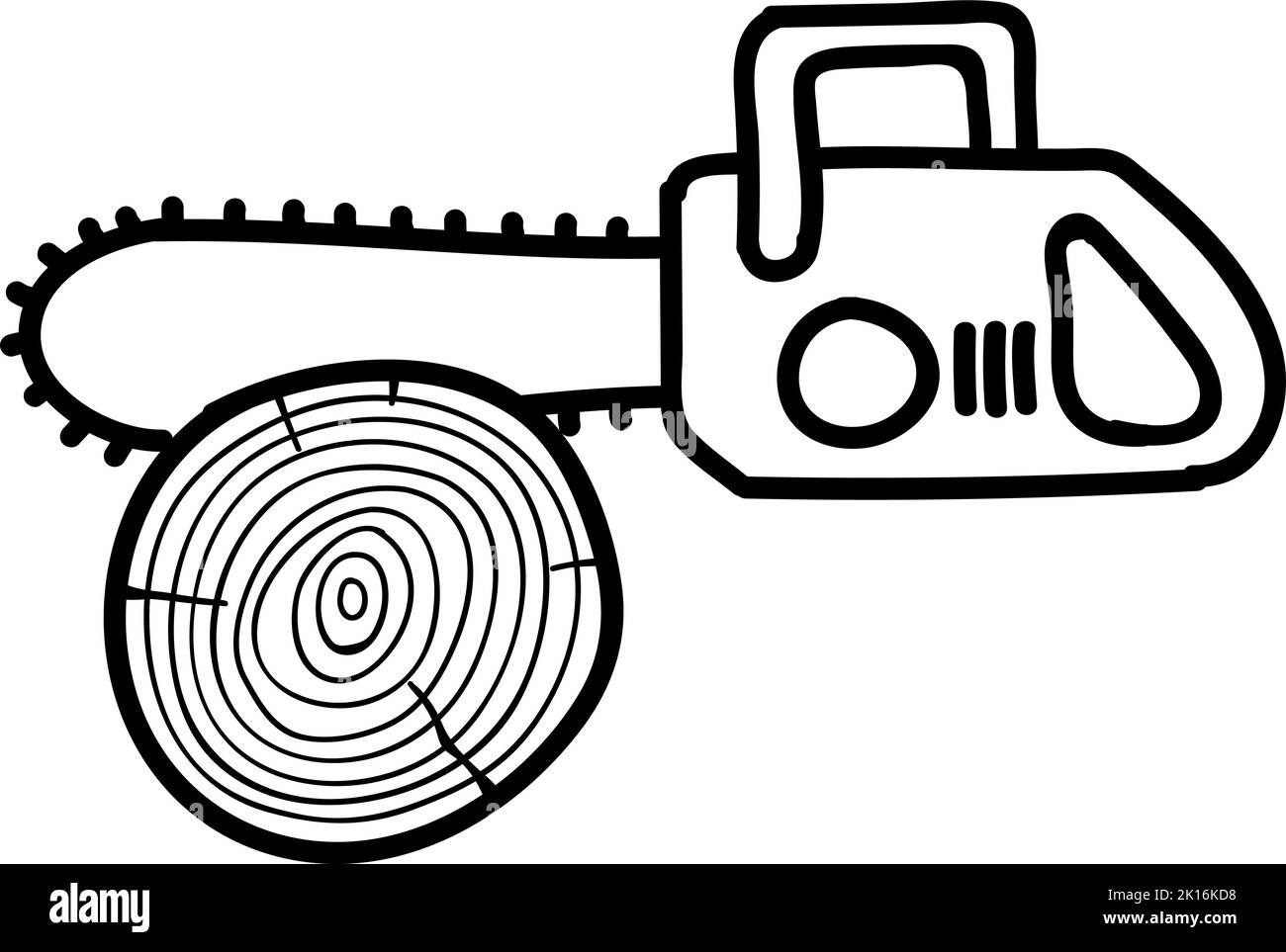 Chain saw cutting wood log. Hand drawn vector illustration. Editable ...