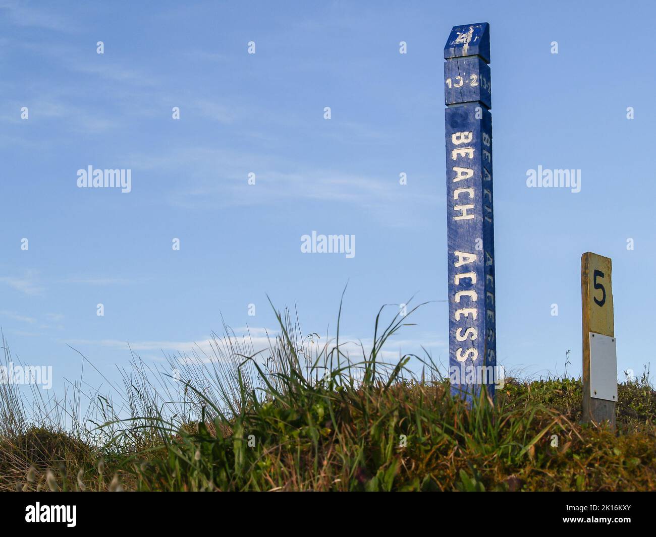 Blue beach access post in sand dunes. of Papamoa Stock Photo - Alamy