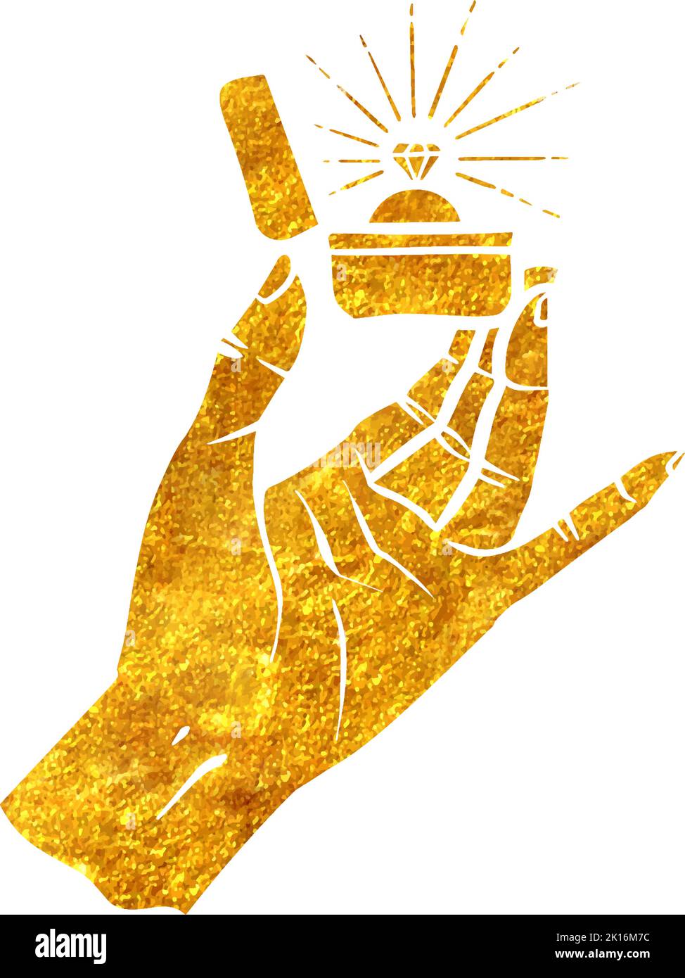 Hand drawn gold foil texture Hand holding diamond ring box. Vector ...