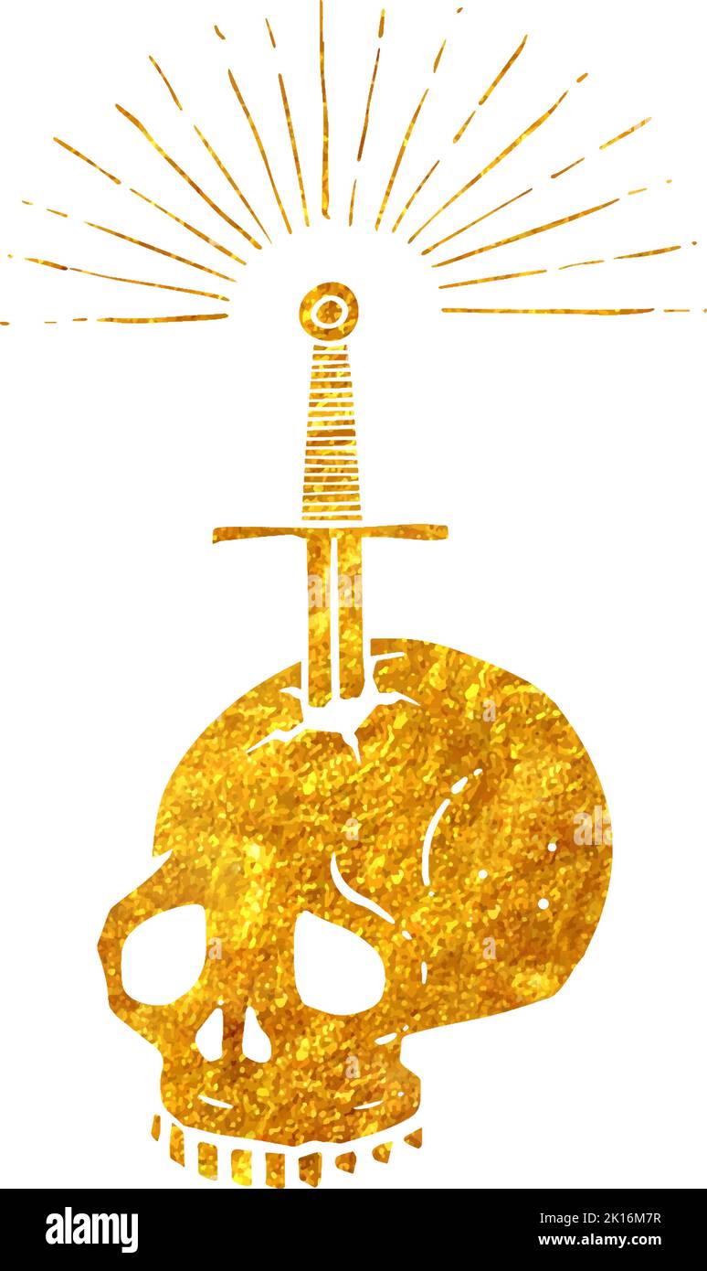 Hand drawn gold foil texture stabbed skull by a sword. Vector ...