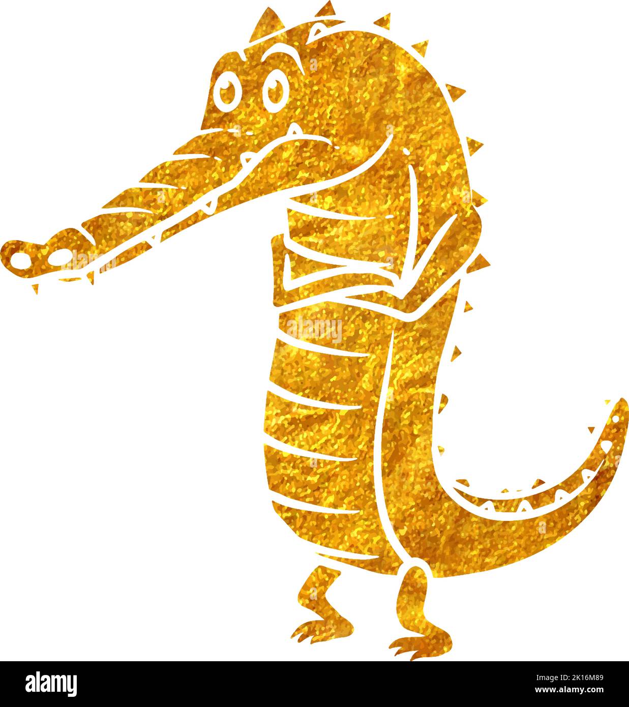 Hand drawn gold foil texture depressed alligator cartoon character ...