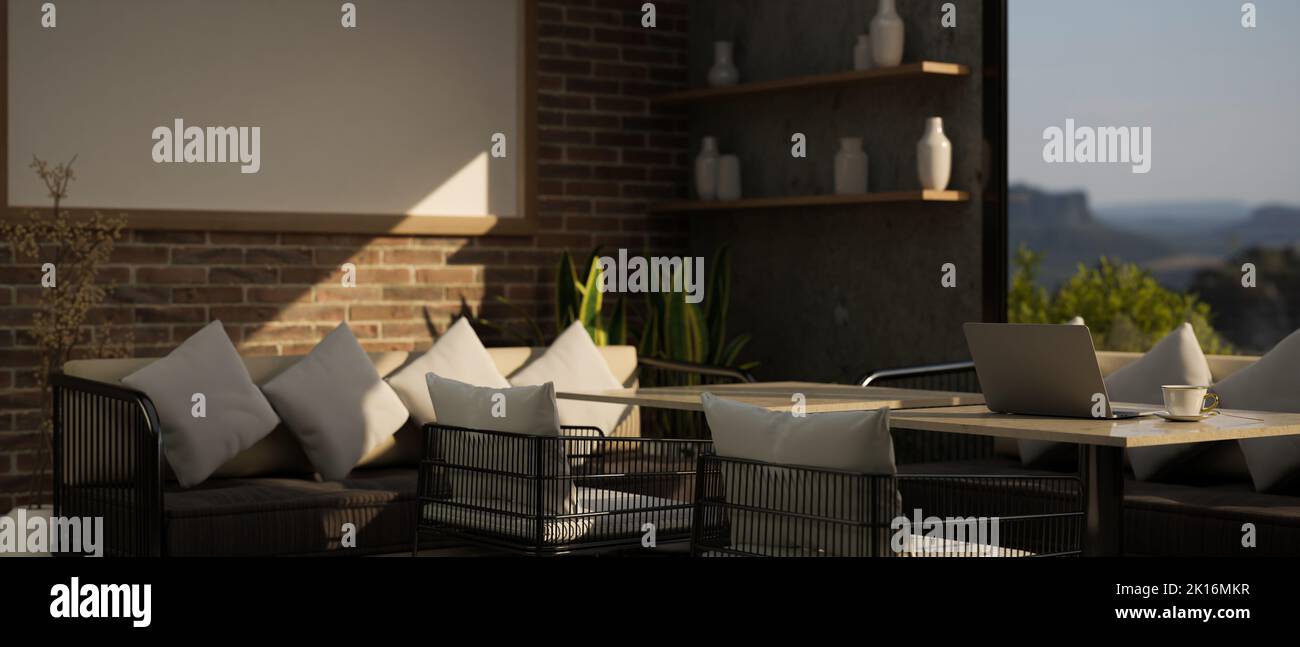 Cozy coffee shop or restaurant interior design with comfortable seating ...