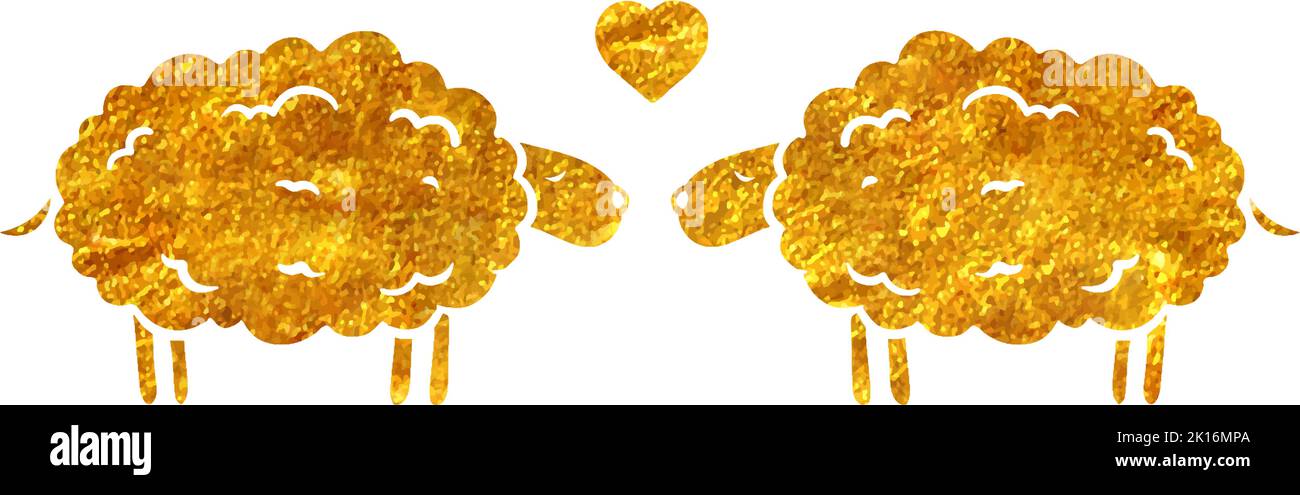 Hand drawn gold foil texture two sheep and a heart shape. Vector ...