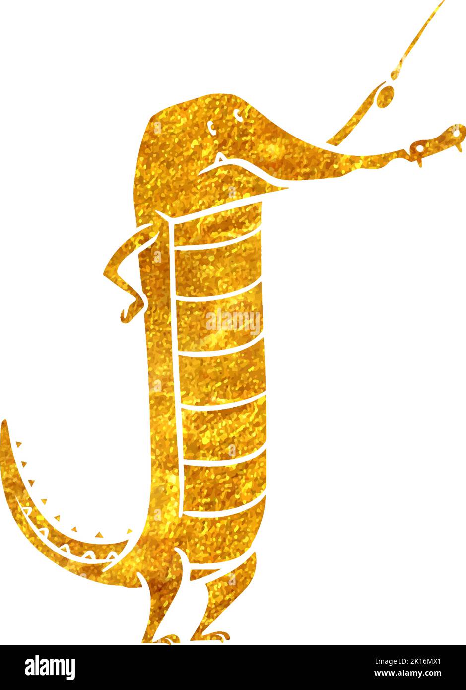 Hand drawn gold foil texture crocodile holding stick. Vector ...