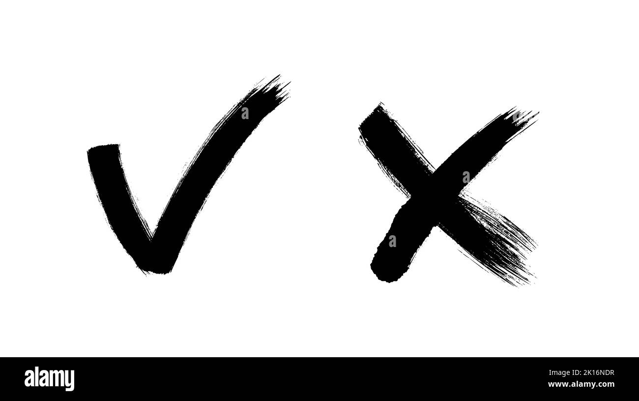 Brush painted yes and no checkmarks. Black and white check and cross ...