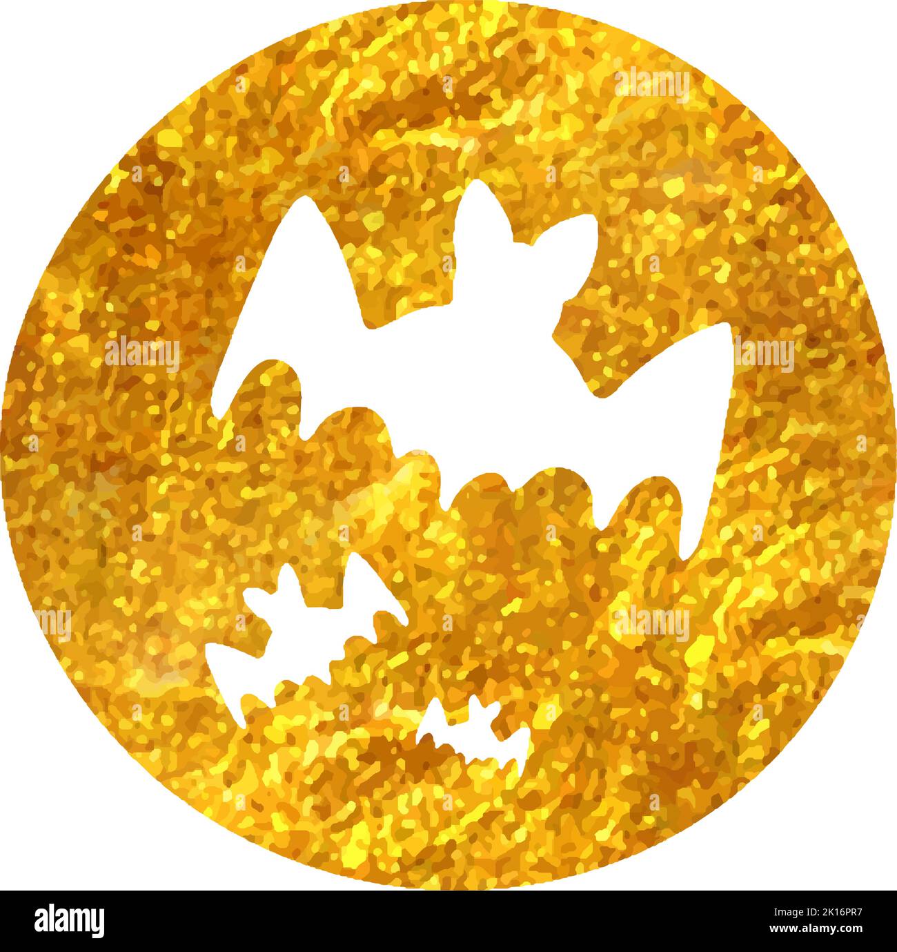 Hand drawn Bats and moon icon in gold foil texture vector illustration ...