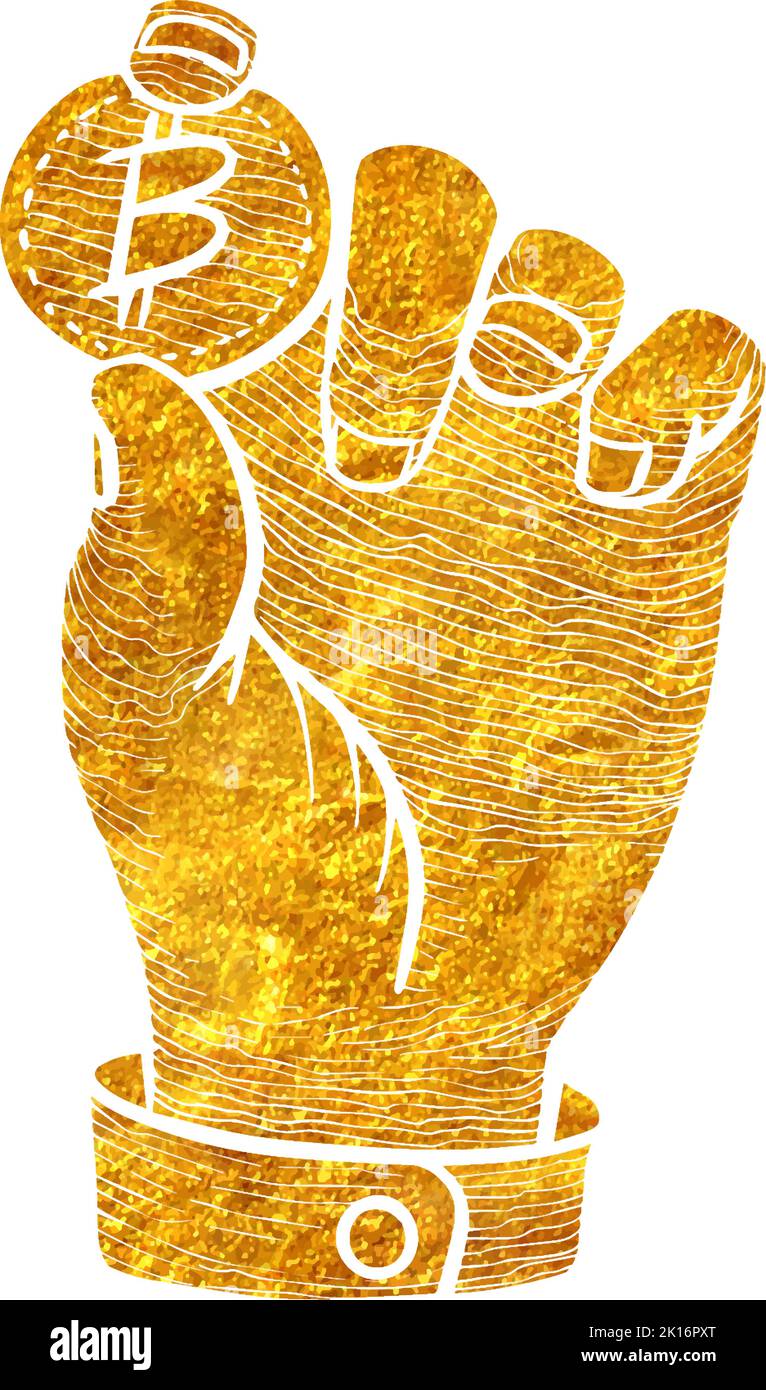 Hand holding bitcoin coin in gold foil texture vector illustration ...